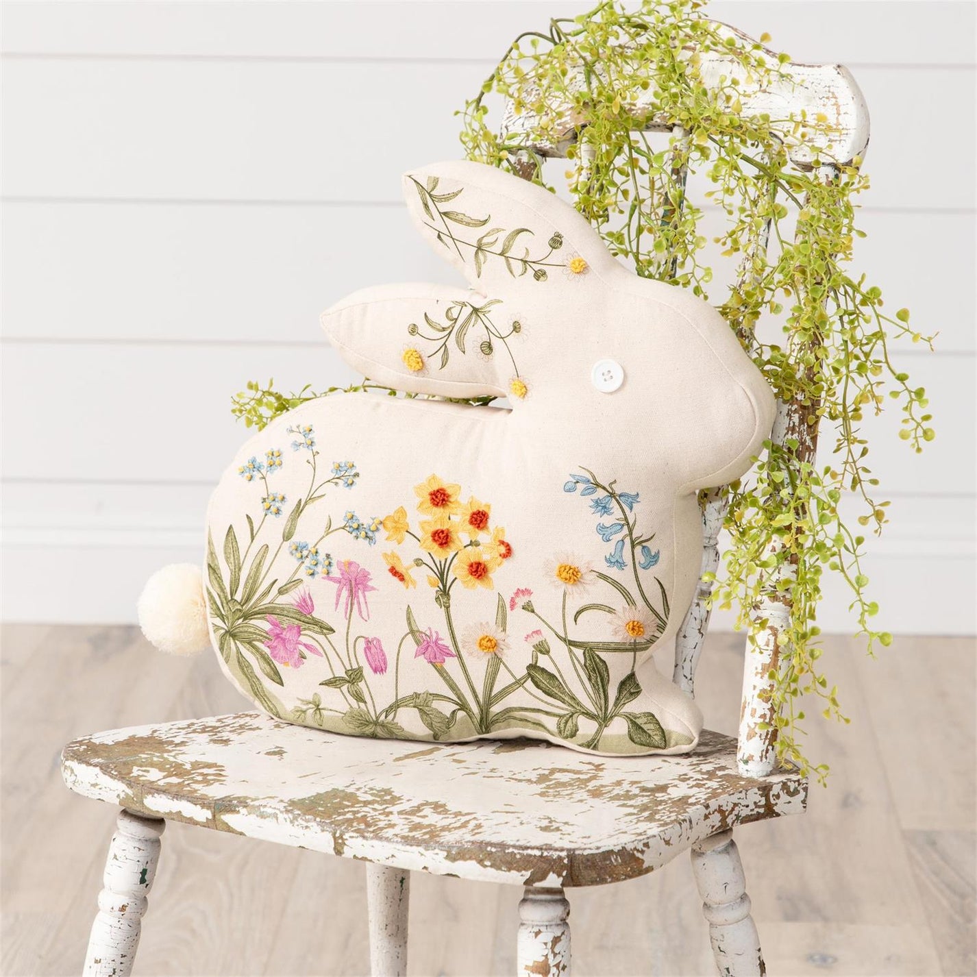 Embroidered Floral Rabbit Pillow | Whimsical Spring Décor