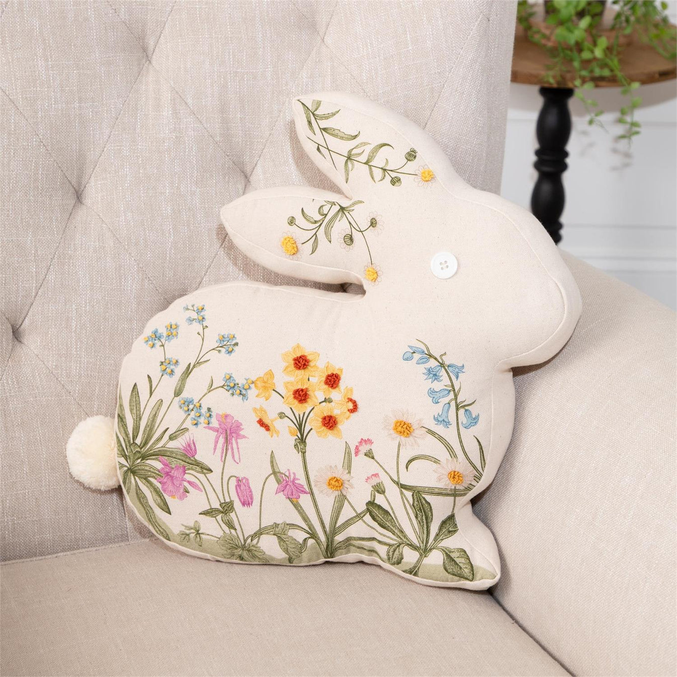 Embroidered Floral Rabbit Pillow | Whimsical Spring Décor