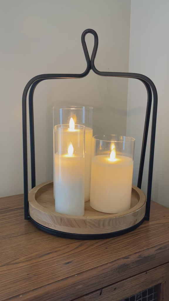 Black Open Lantern With Round Wood Base